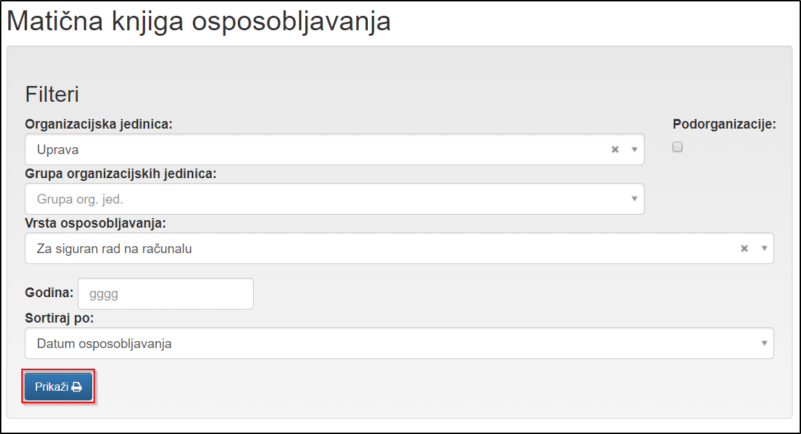 Provođenje osposobljavanja: Matična knjiga | škola